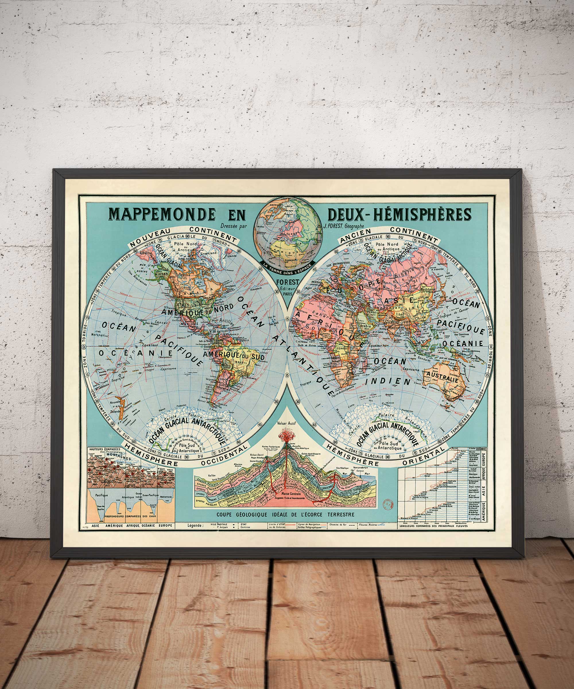 Old French Double Hemisphere World Map in 1925 by Joseph Forest ...