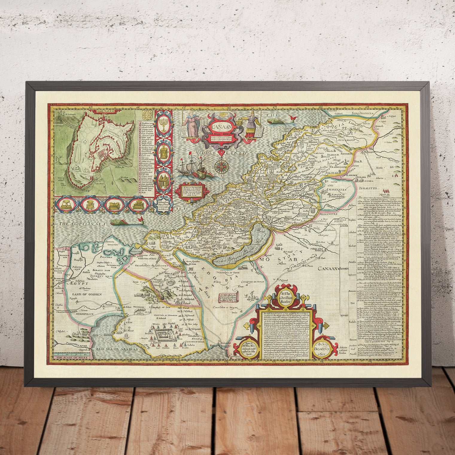 Old Map of Canaan (Holy Land) by John Speed, 1611: Jerusalem, Bethlehe ...