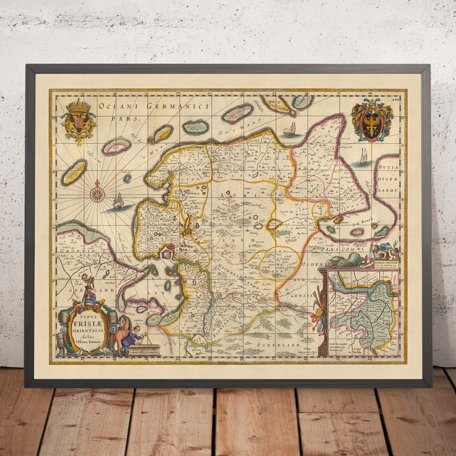 Old Map of East Friesland by Visscher, 1690: Wilhelmshaven, Emden, Aur ...