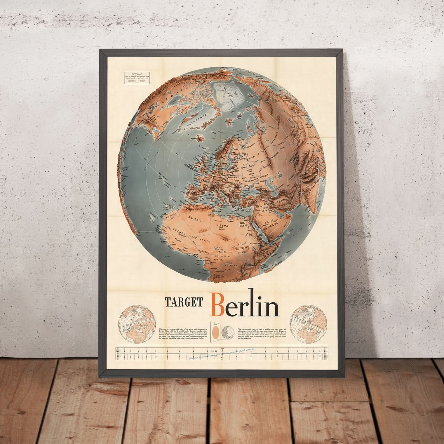 Old WW2 World Map by Manning, 1943: "Target Berlin" Bomber Distance Ch ...