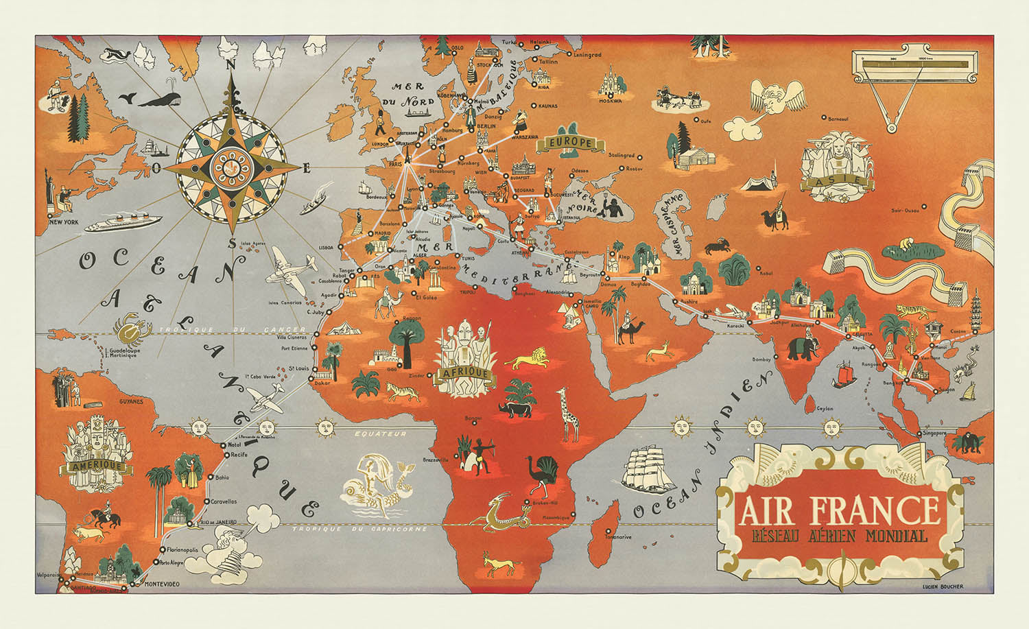 Old Art Deco Air France Air Routes World Map by Boucher, 1934 – The ...