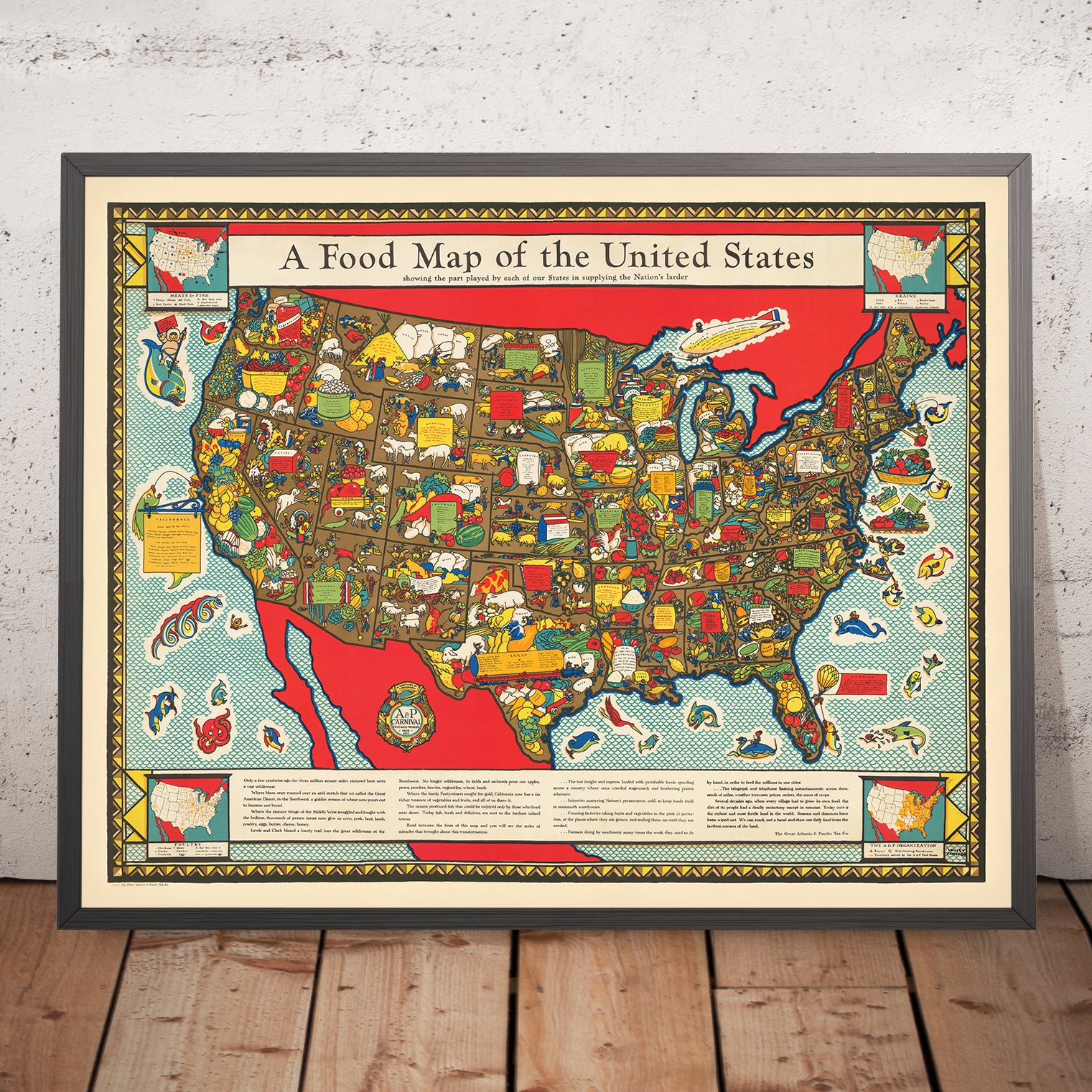 Old Food Map of the USA, 1932: Poultry, Agriculture, Meats, Fish, Sea ...