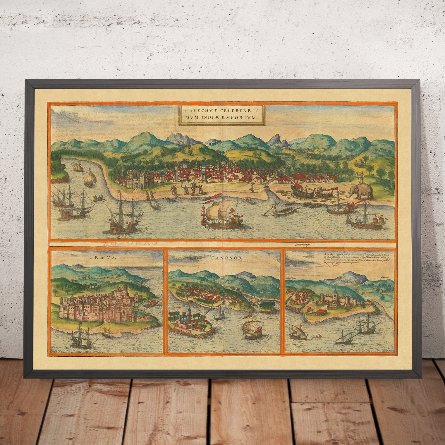 Old Map of Calicut in India by Braun & Hogenberg, 1572: Ormuz, Canonor ...