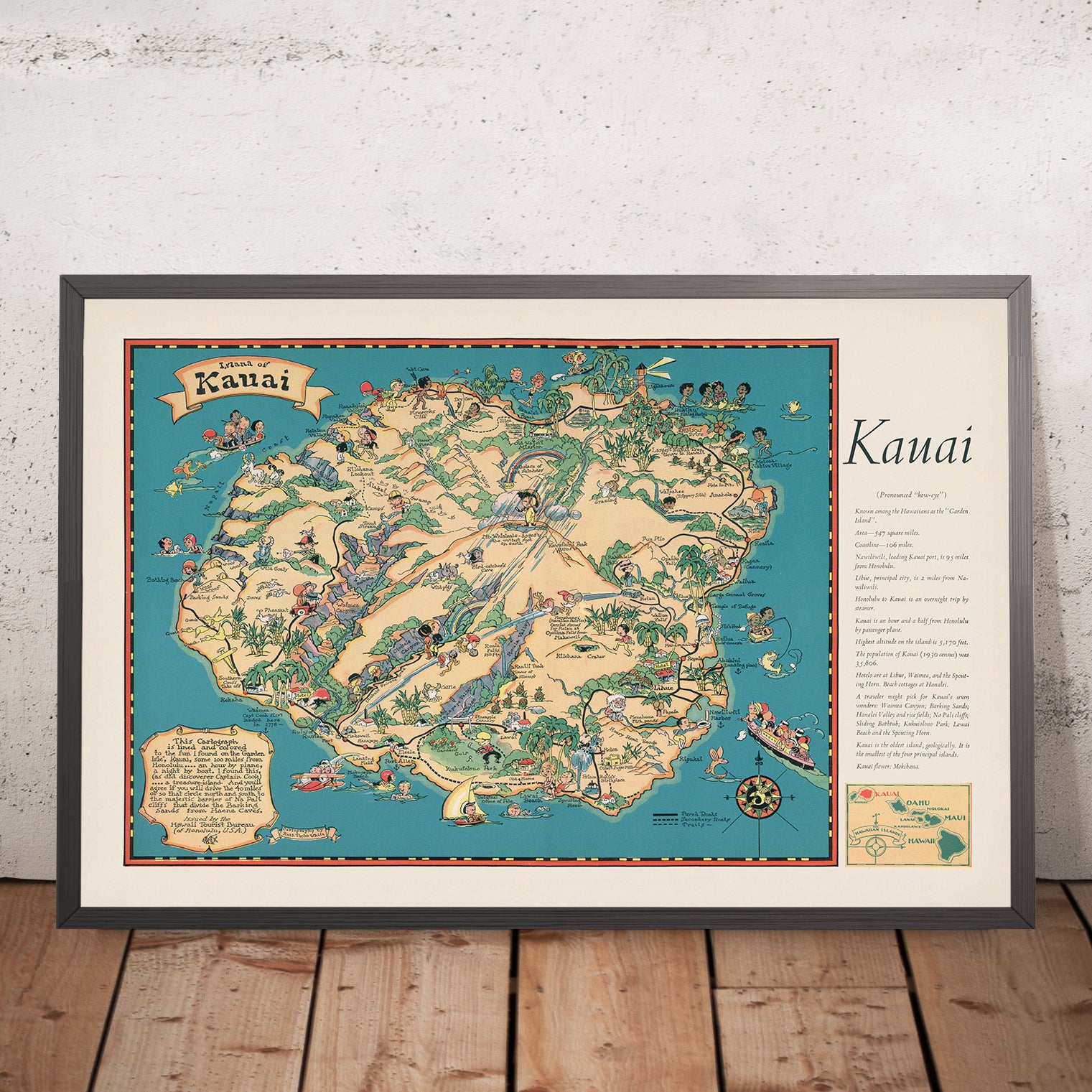 Old Pictorial Map of Kauai, 1935: Waimea Canyon, Na Pali Coast, Hanale ...