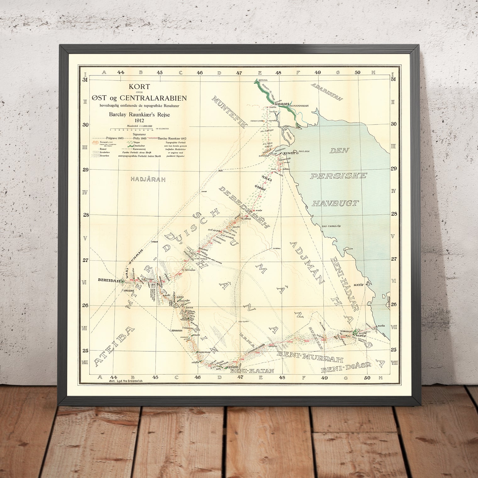 German Traveler’s Map of Arabia by Raunkiaer, 1912: Riyadh, Kuwait, Pe ...