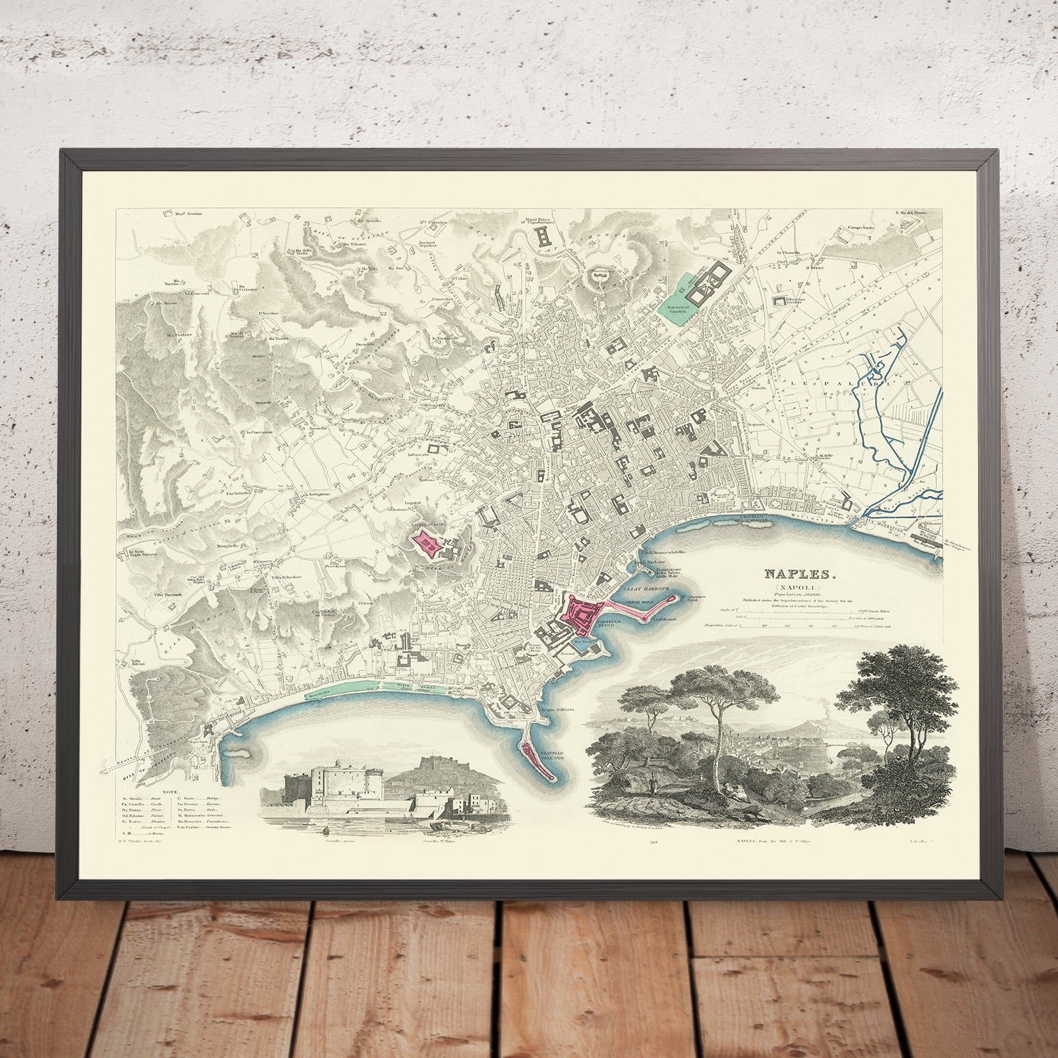 Old Map of Naples by SDUK, 1835: Castello Nuovo, St. Elmo, Posilipo, T ...