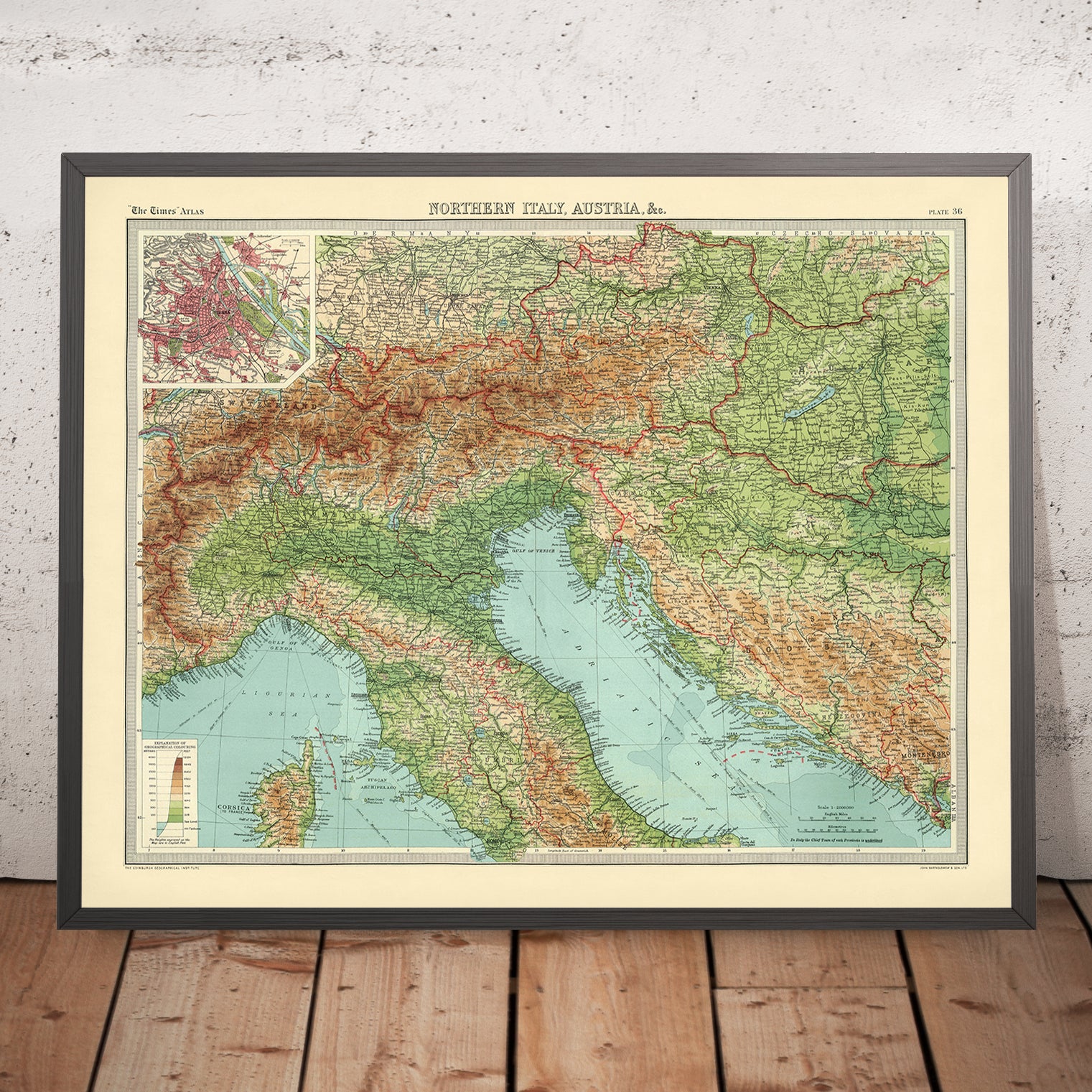 Old Color Relief Map of Northern Italy and Austria, 1922: Milan, Venic ...