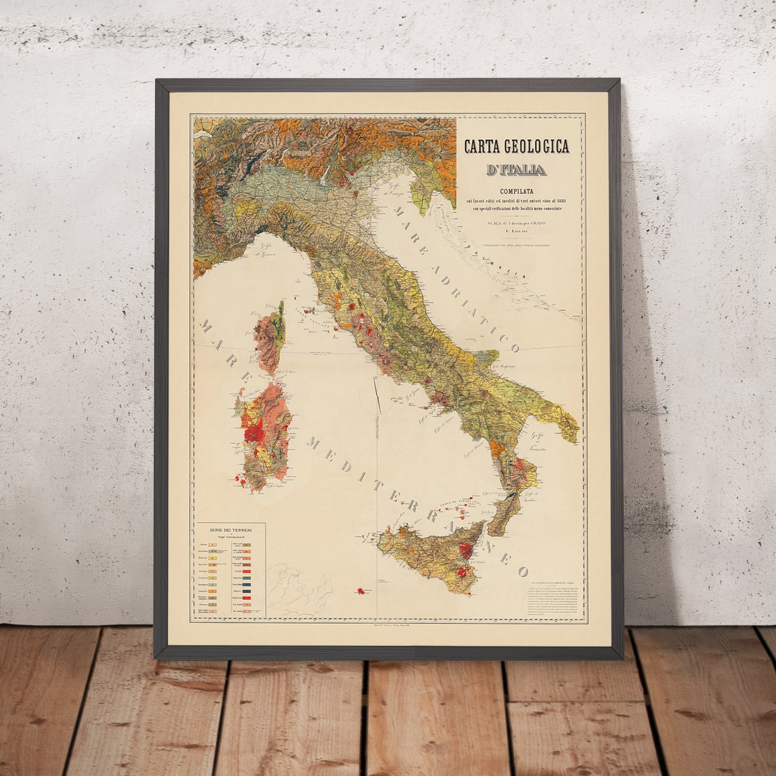 Large Old Geological Map of Italy by Virano e Teano, 1880: Alps, Apenn ...