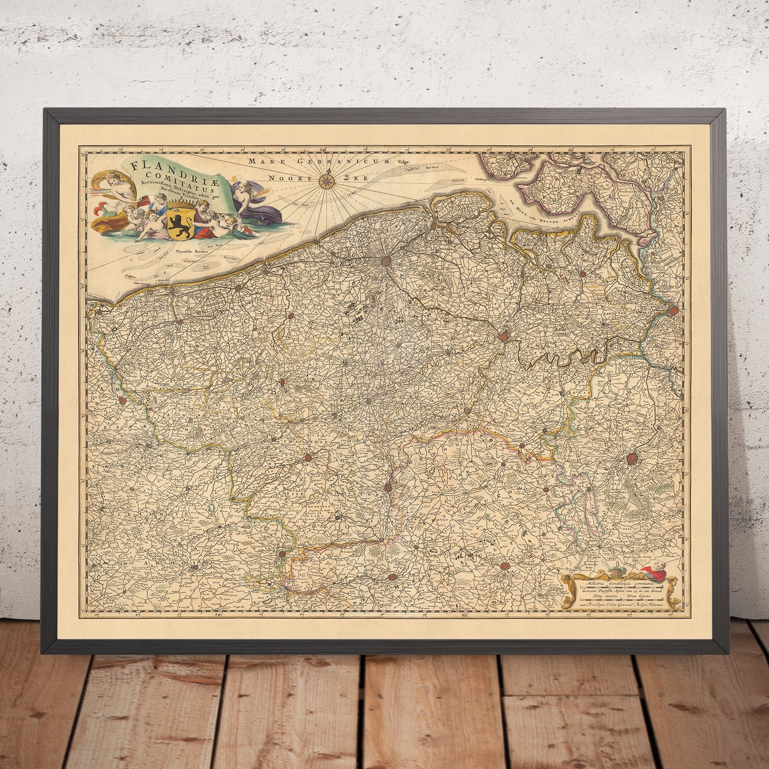 Old Map of Flanders by Visscher, 1690: Brussels, Antwerp, Ghent, Bruge ...