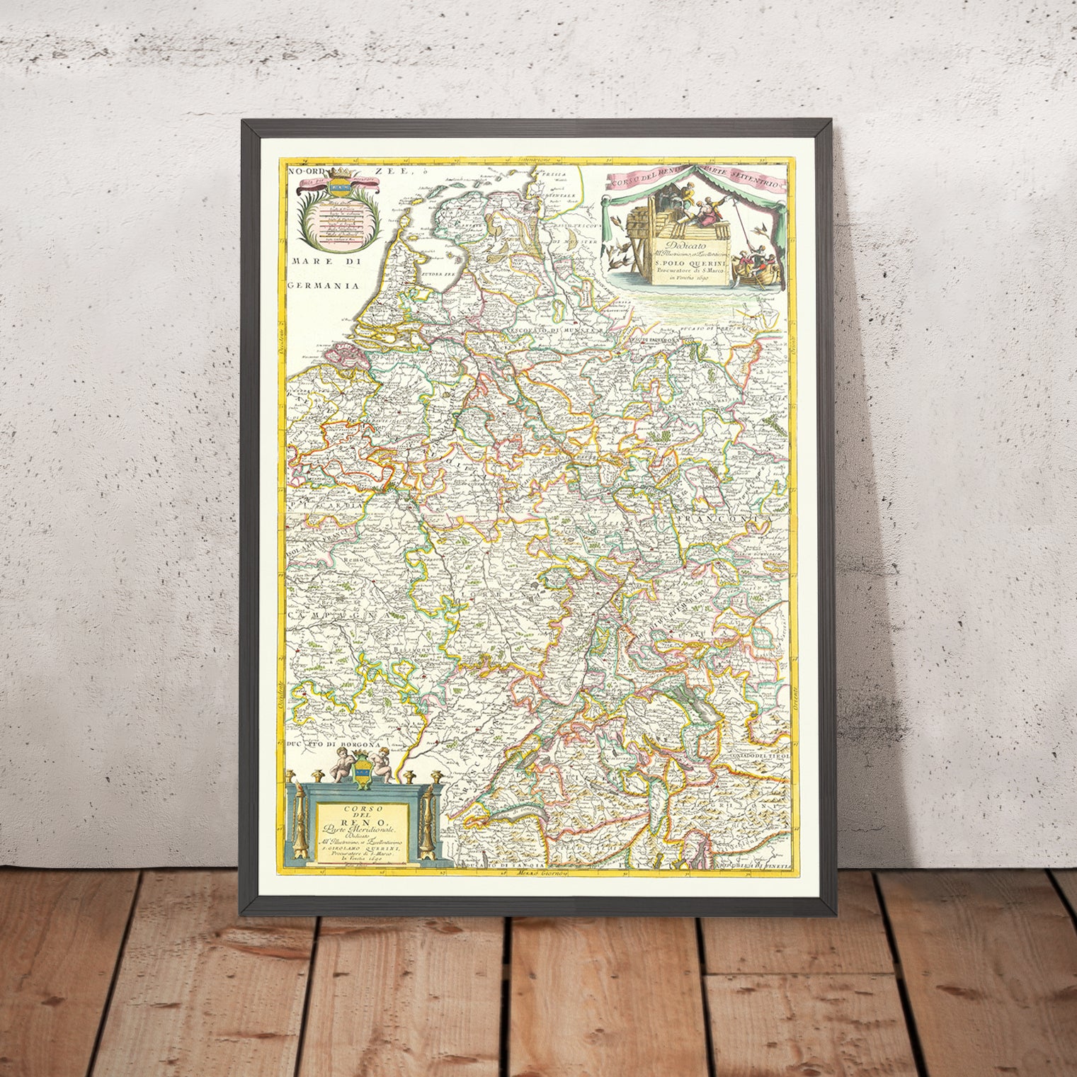Old Map of the Rhine River Basin in Europe by Coronelli, 1690: Basel ...
