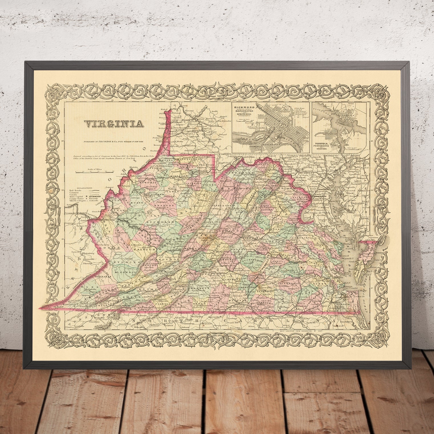 Old map of Virginia by Colton, 1859: Richmond, Alexandria, Norfolk, Ly ...