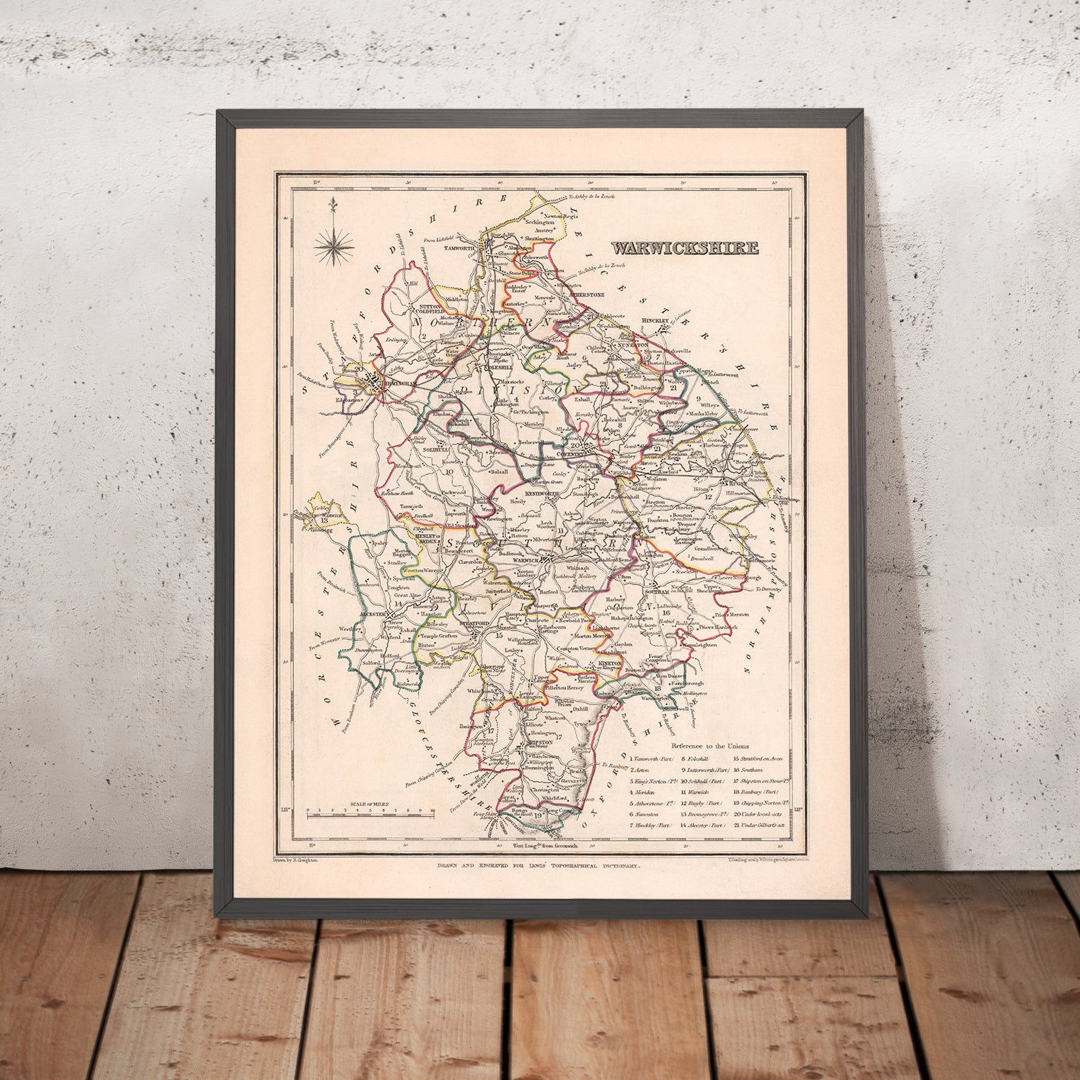 Alte Karte von Warwickshire von Samuel Lewis, 1844: Birmingham, Covent ...