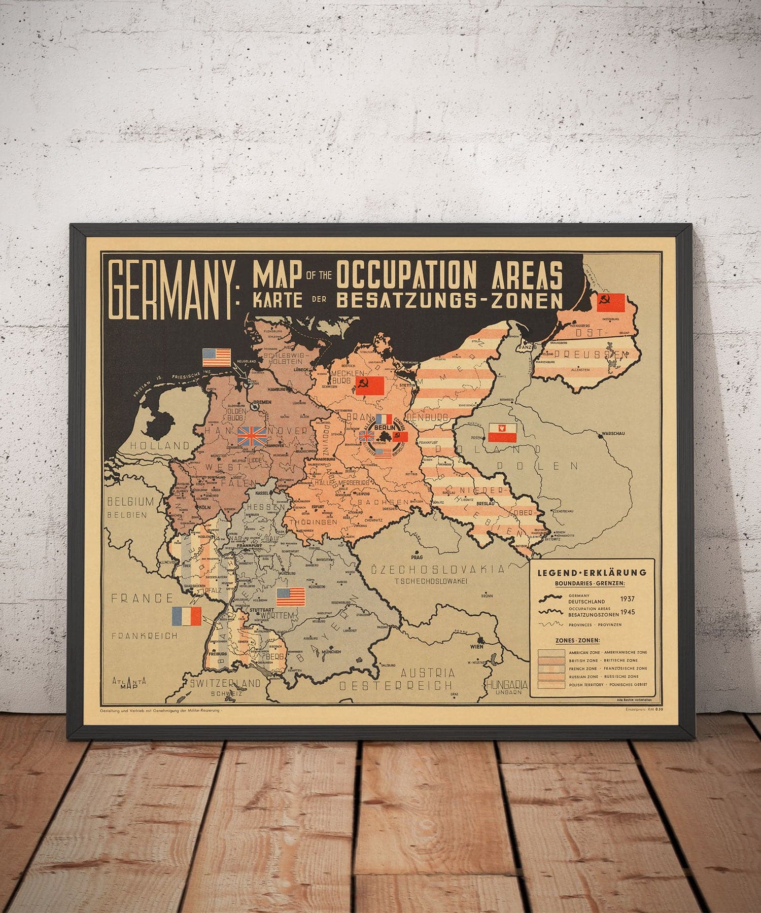 Old Post World War 2 Germany Map - East & West Germany Potsdam Confere ...