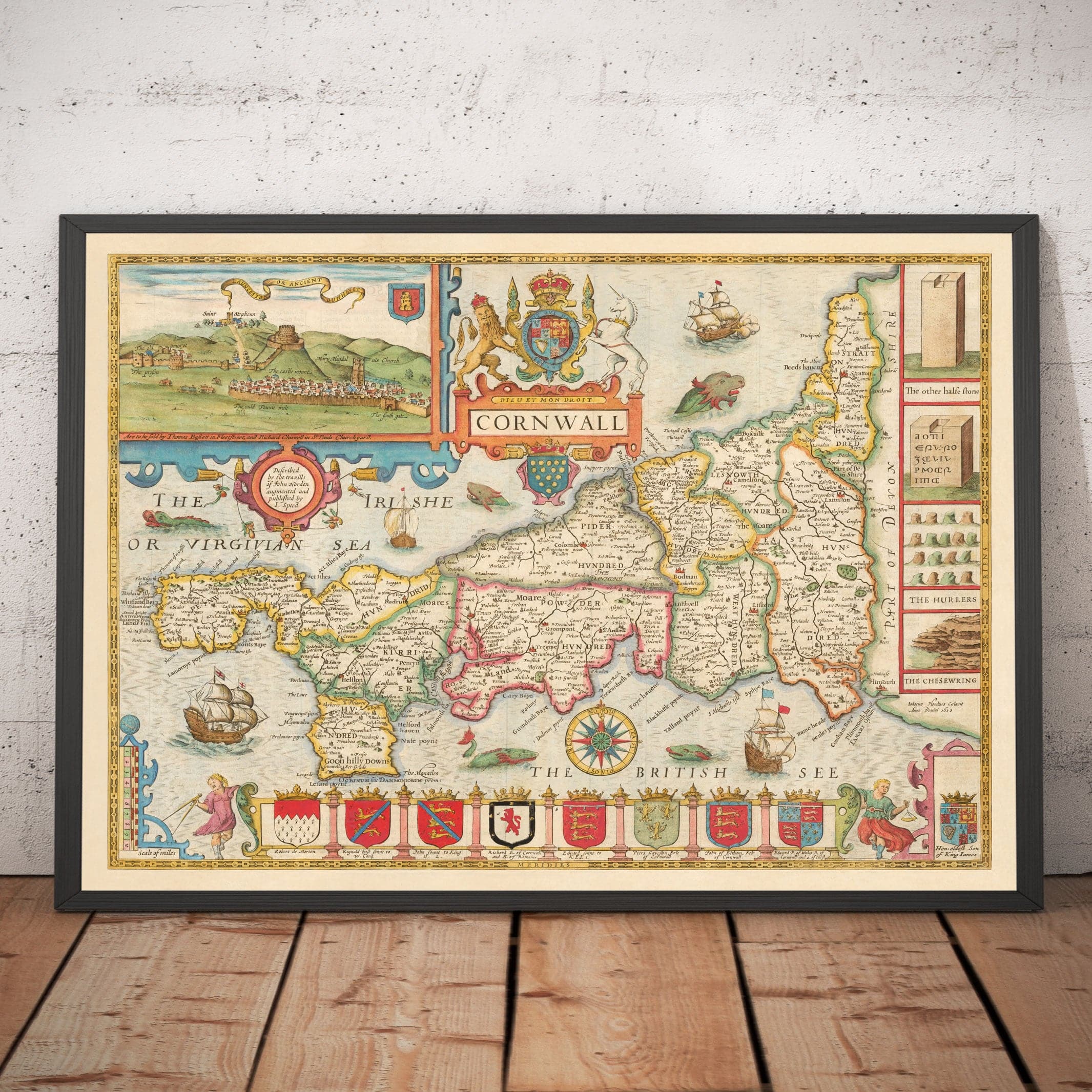 Old Map of Cornwall, 1611 by John Speed - Falmouth, Redruth, St Austel ...