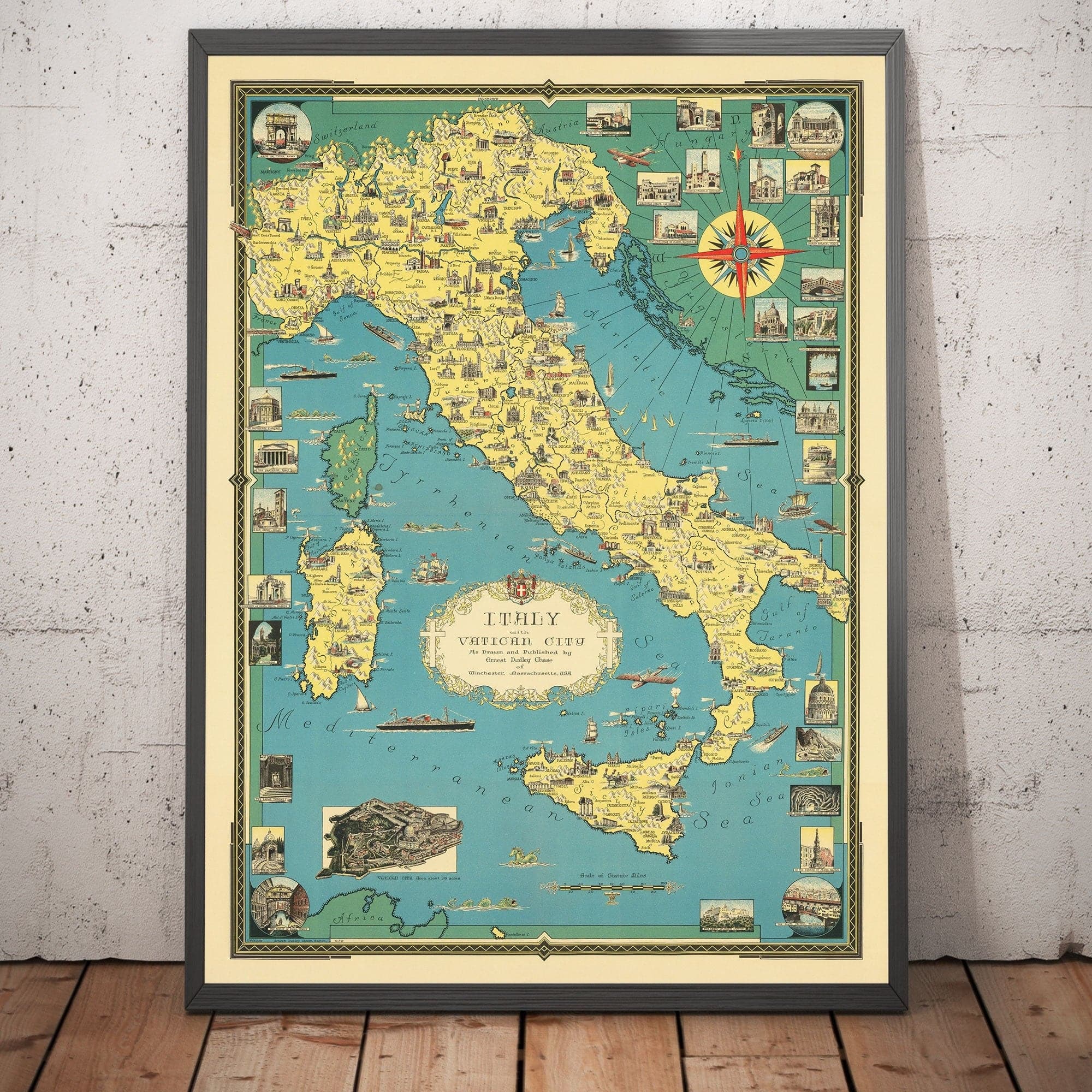 Old Pictorial Map of Italy, 1935 by E. Chase - Illustrated Landmarks ...