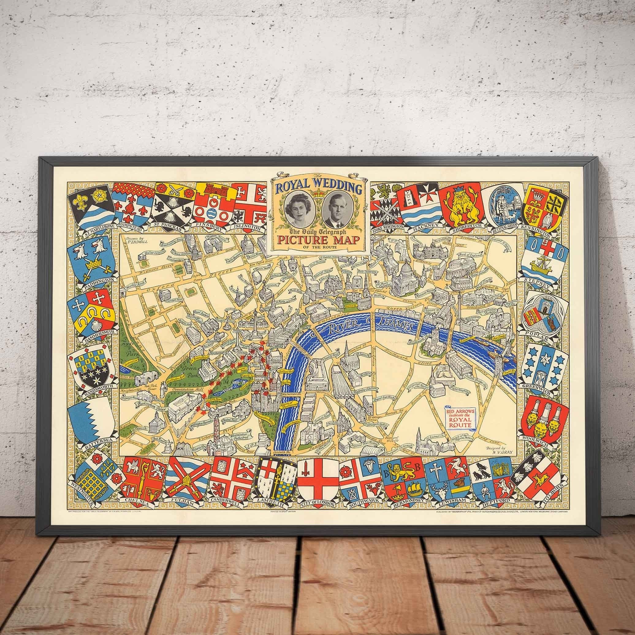 Old Map the Royal Wedding in London, 1947 - Borough Emblems, Queen Eli ...